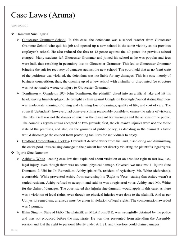 Case Laws Summary | PDF | Negligence | Damages