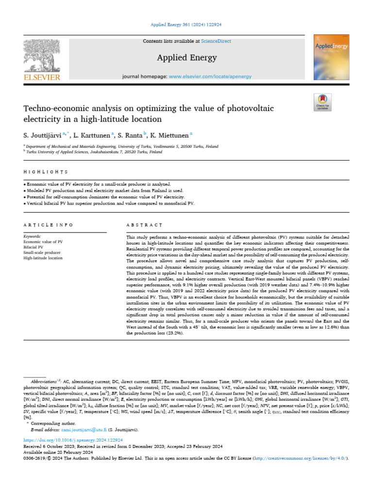 Techno Economic Analysis On Optimizing The Value of Photovolta - 2024 - Applied | PDF ...