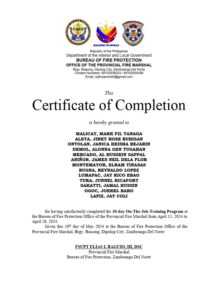 Certificate-of-Completion BFP PROVINCEEE | PDF