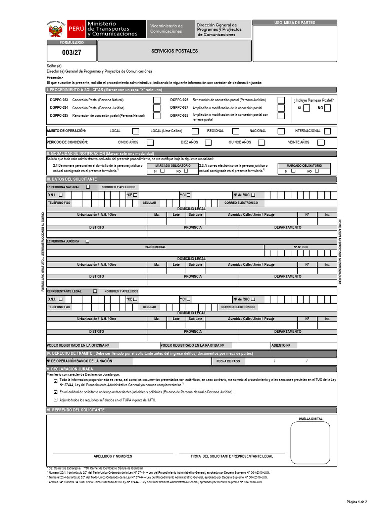 Formulario para La Ampliacion o Modificacion de La Concesion Postal | PDF | Documento de ...