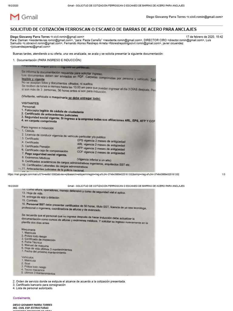 Gmail - SOLICITUD DE COTIZACIÓN FERROSCAN O ESCANEO DE BARRAS DE ACERO PARA ANCLAJES | PDF | Gmail