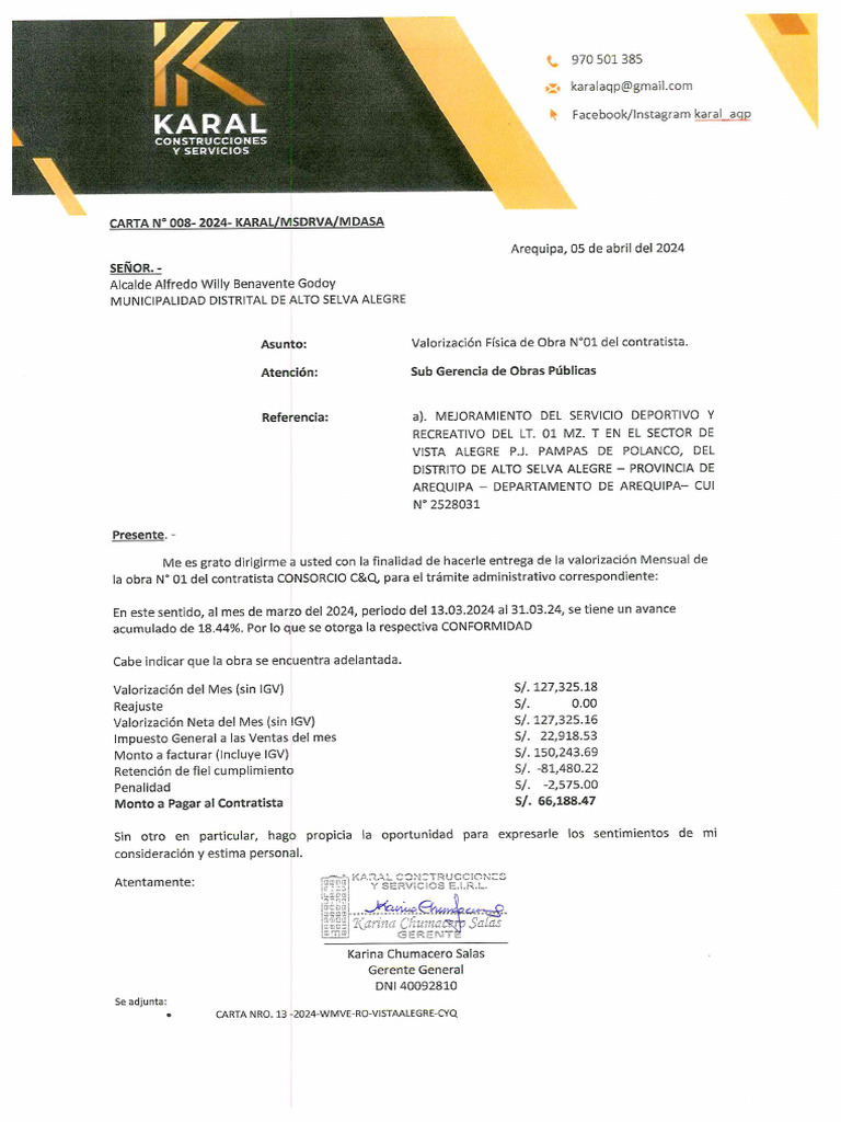 CARTA 08 - Val 01 Contratista - Polanco | PDF