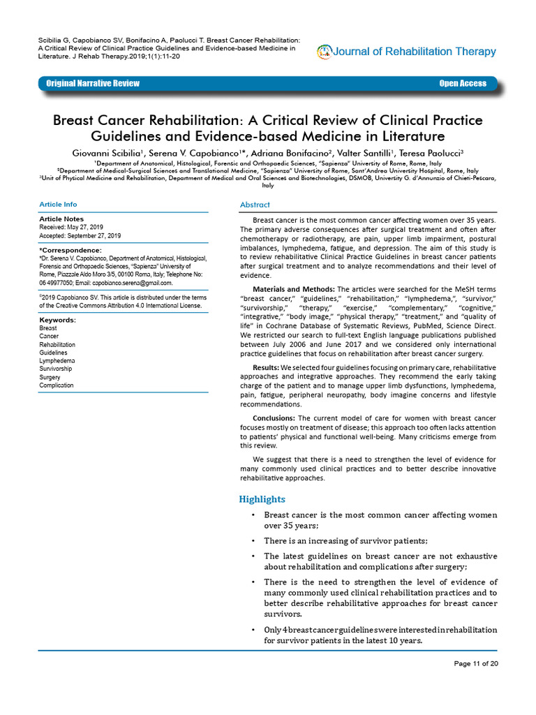 Breast Cancer Rehabilitation: A Critical Review of Clinical Practice ...