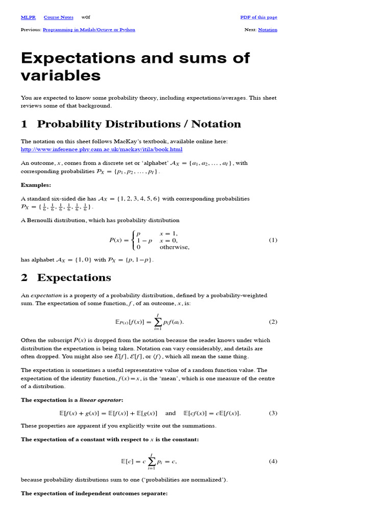 Expectations in Probability Theory | PDF | Variance | Expected Value