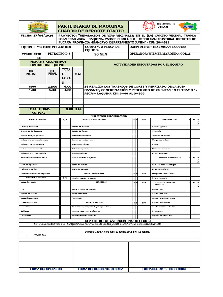 Reporte Diario de Maquinaria | PDF | Eje | Radiador