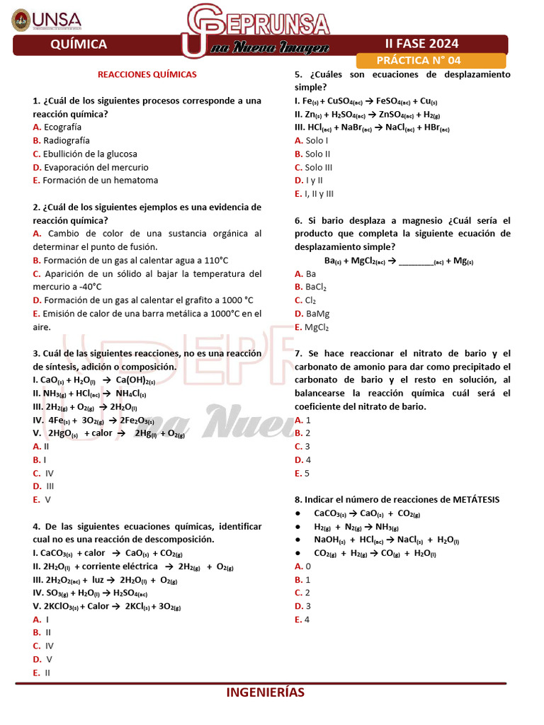 P4 (I) Química Ceprunsa Ii Fase 2024 | PDF | Redox | Química