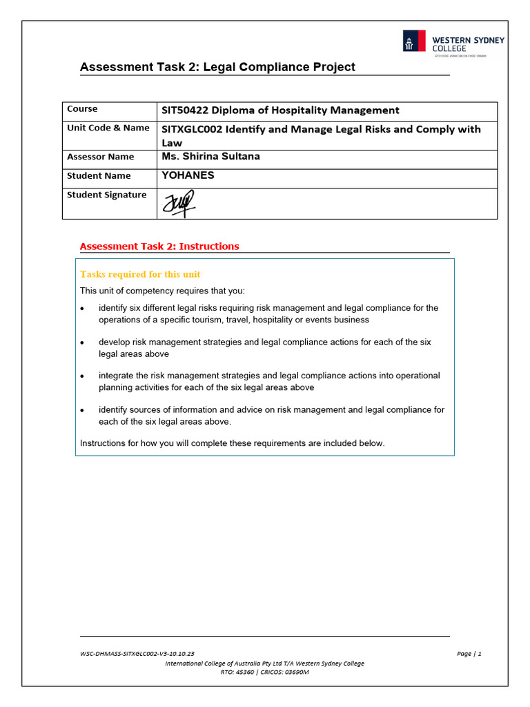 Assessment-Task-2 SITXGLC002 | PDF | Regulatory Compliance | Risk Management