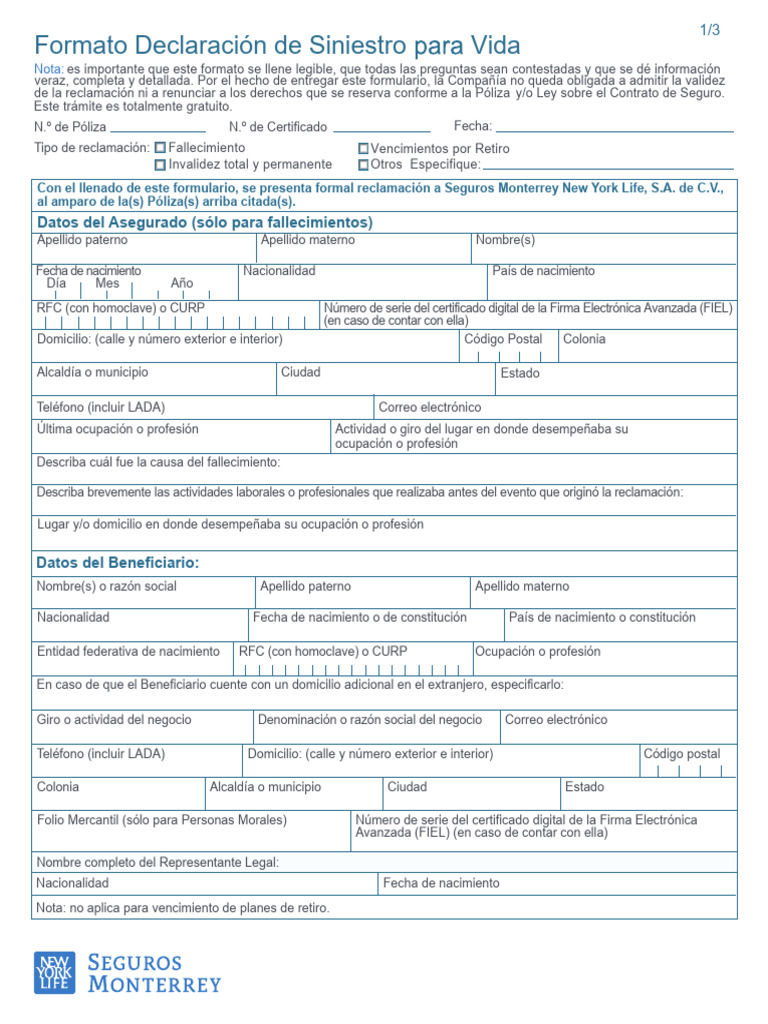 Declaración de Siniestro Universal Vida RELLENABLE | PDF | Seguro | Póliza de seguros