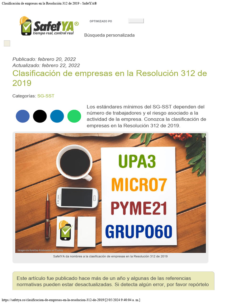 Clasificación de empresas en la Resolución 312 de 2019 - SafetYA® | PDF ...