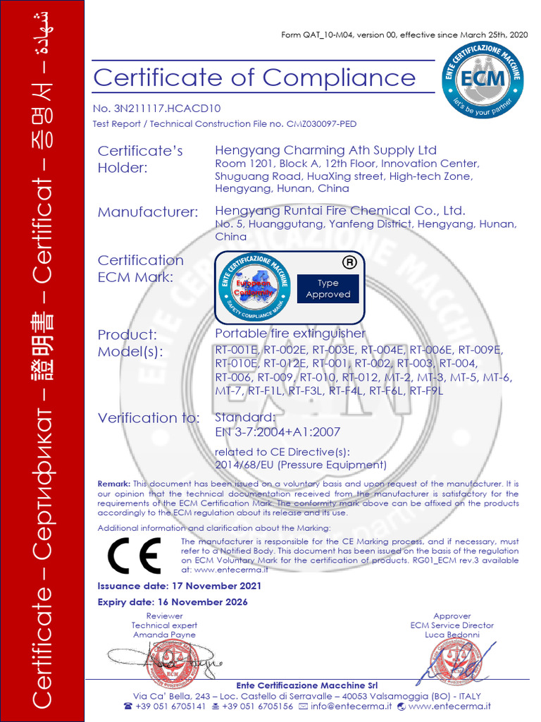 Certificate of Compliance: Certificate's Holder: Manufacturer ...