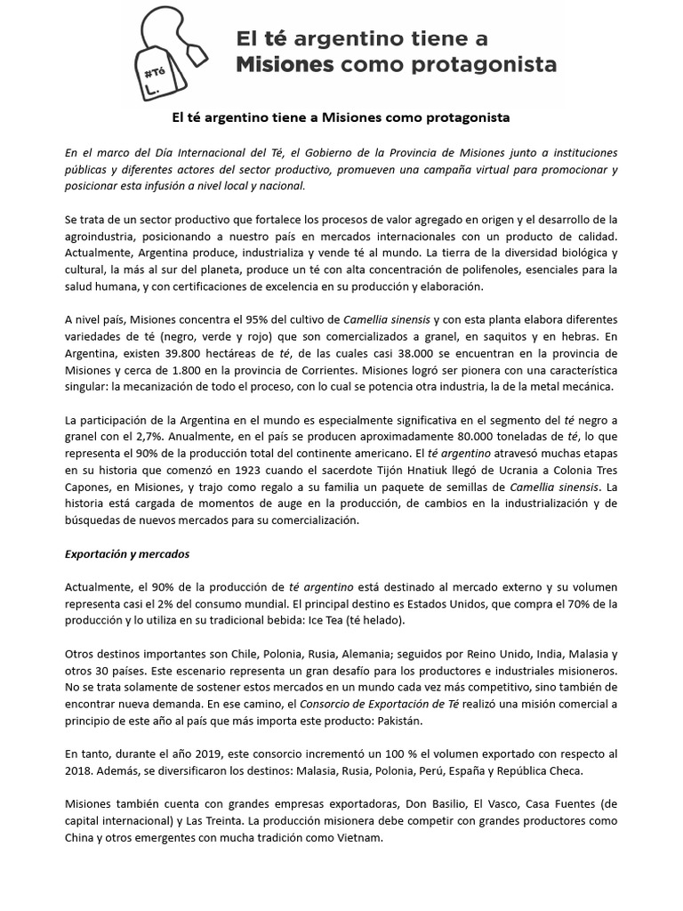 Informe El Te Argentino Tiene A Misiones Como Protagonista | PDF | Té | Economias