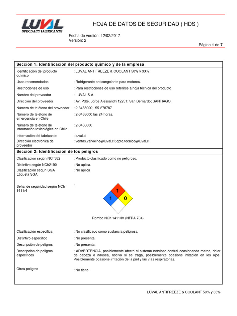 Hoja de Seguridad: LUVAL Anticongelante | PDF | Agua | Administración ...
