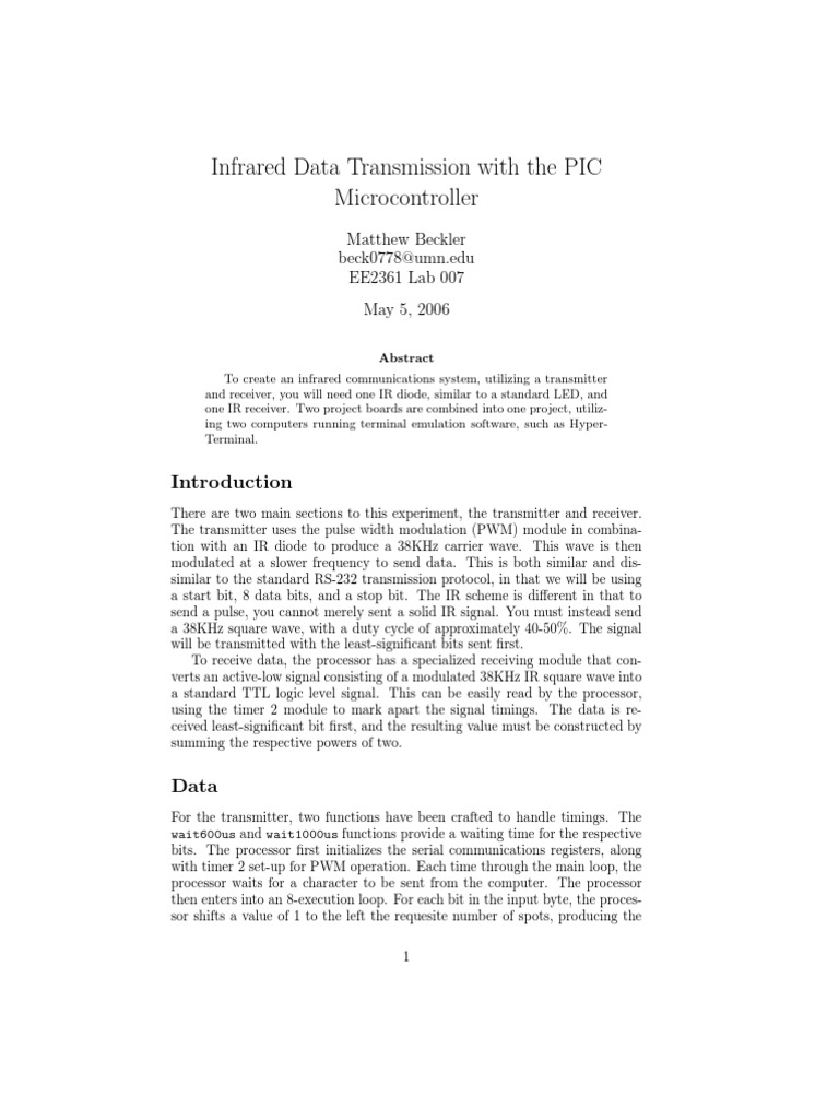 Infrared Data Transmission With The PIC Microcontroller: Matthew Beckler Beck0778@umn - Edu ...