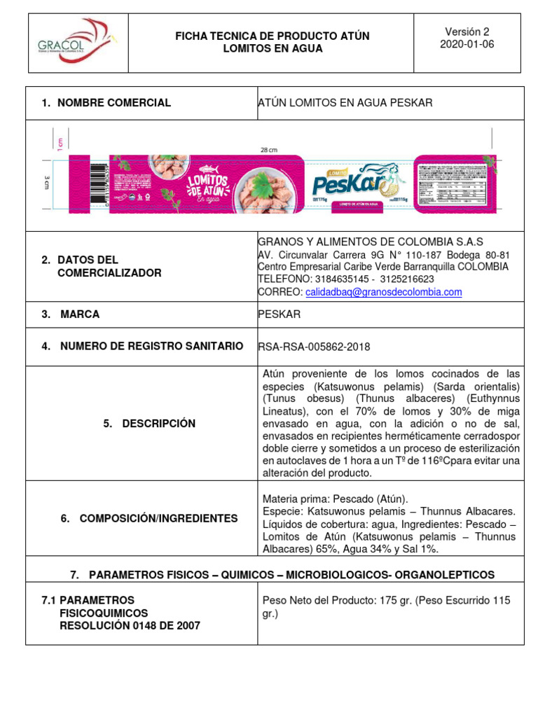 Atun Lomitos en Agua Peskar | PDF | Materiales | Química