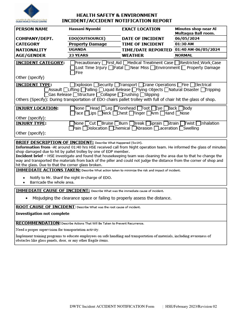 Incident Accident Notification 06-05-2024 | PDF | Safety | Hazards