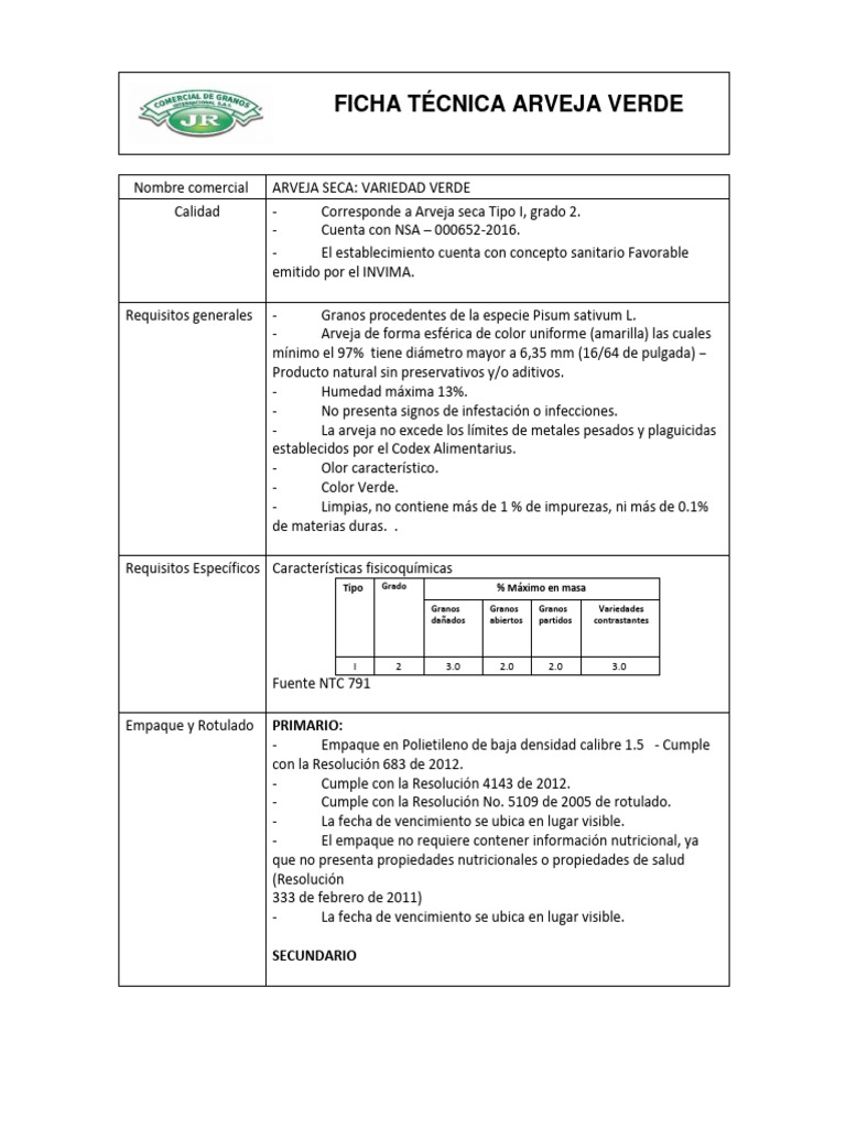 Ficha Tecnica Arveja Verde | PDF