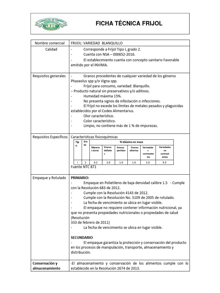 Ficha Técnica del Frijol Blanquillo | PDF | Alimentos