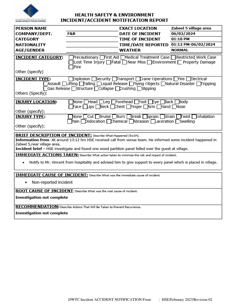 Incident Accident Notification Form-Blank | PDF | Burn | Hazards