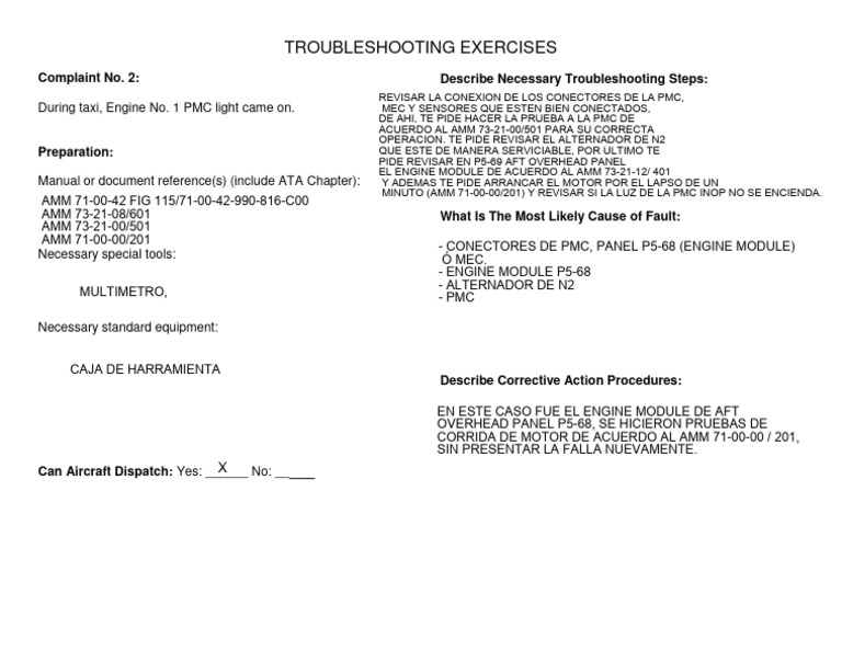Troubleshooting Exercises: Complaint No. 2: Describe Necessary ...