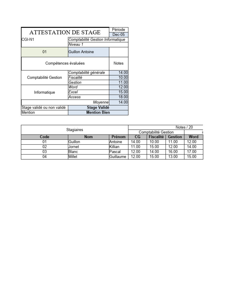 Attestation de stage en comptabilité et informatique | PDF