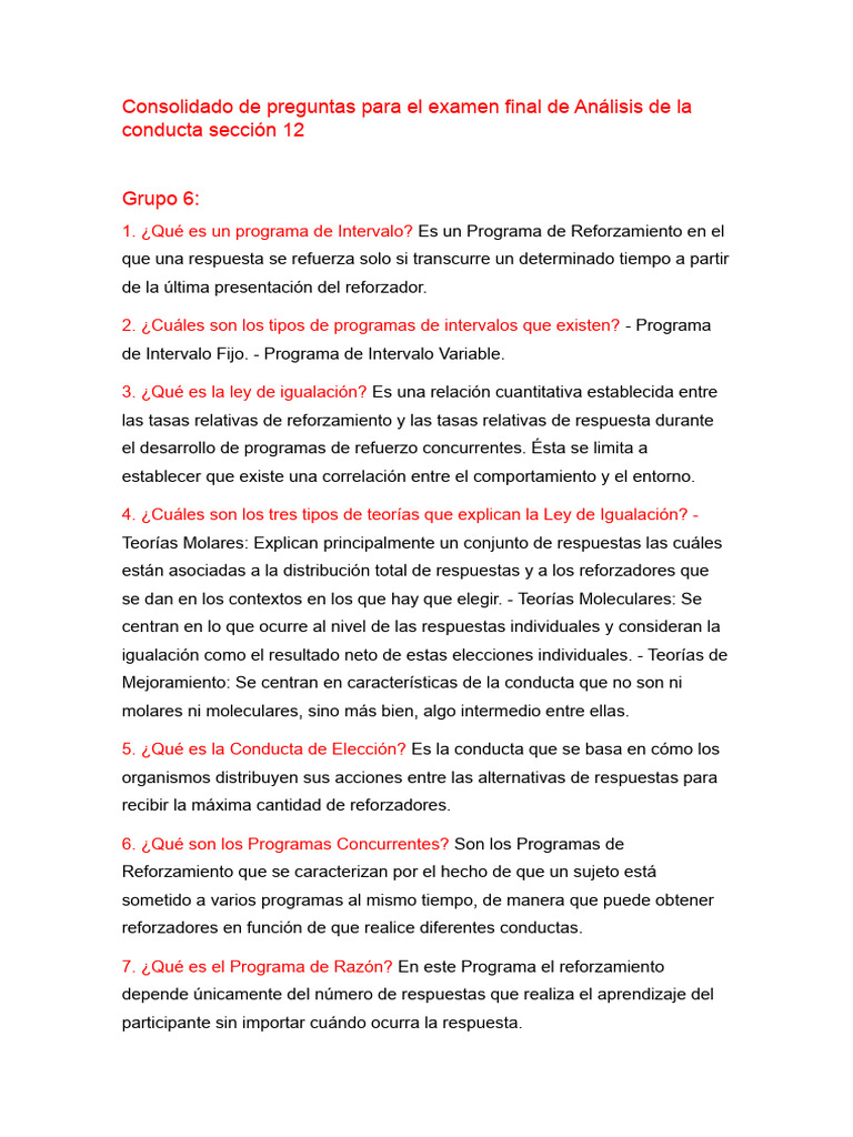 Consolidado de Preguntas para El Examen Final de Análisis de La Conducta Sección 12 | PDF ...