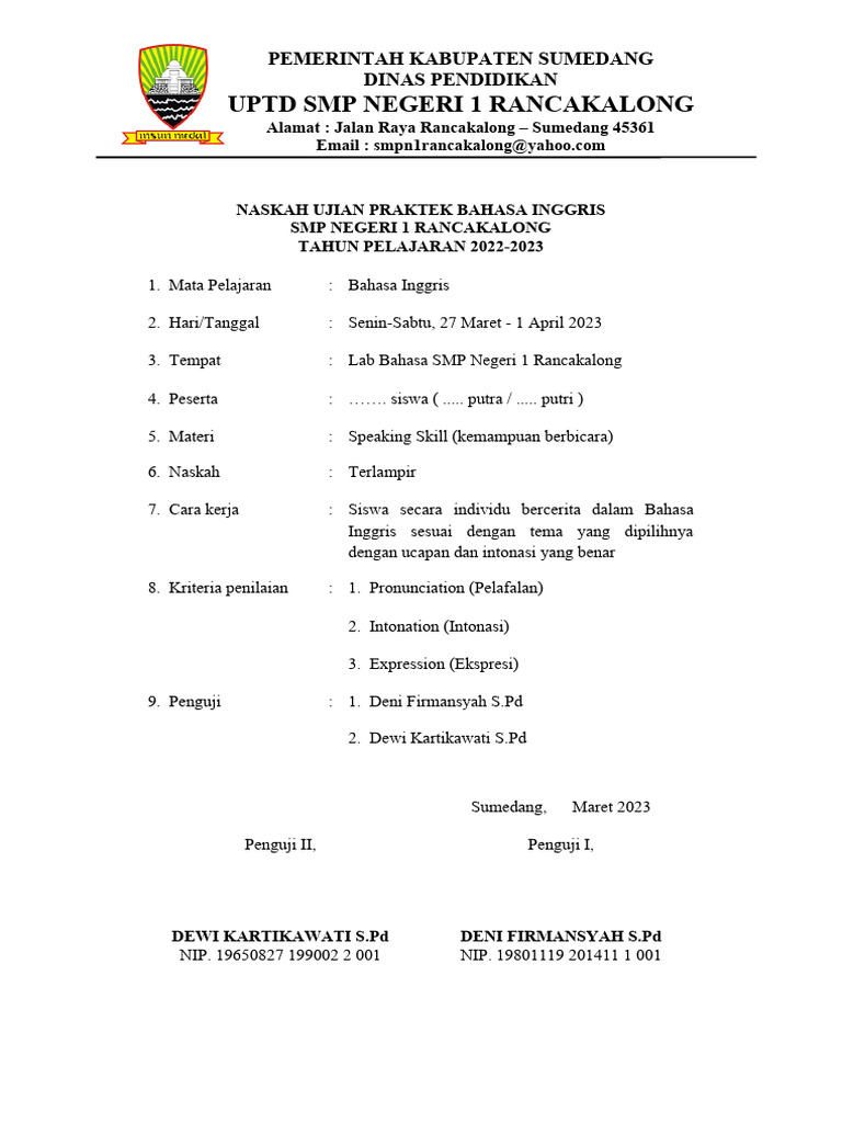 Naskah Ujian Praktek Bahasa Inggris 2023 | PDF