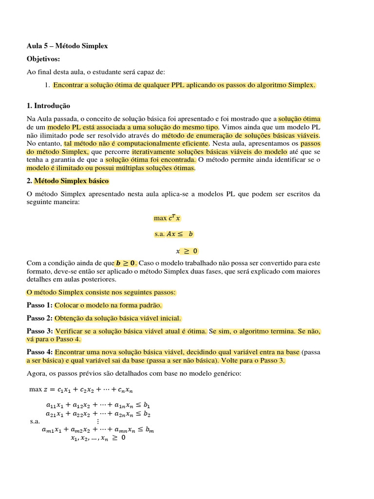 Aula 05 - Metodo Simplex Básico | PDF | Função (Matemática) | Algoritmos