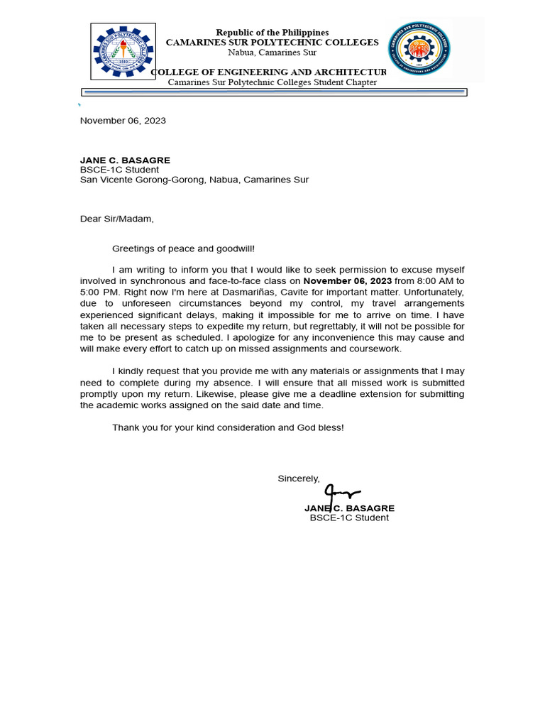 ExcuseLetter Basagre, JaneC | PDF | Career & Growth