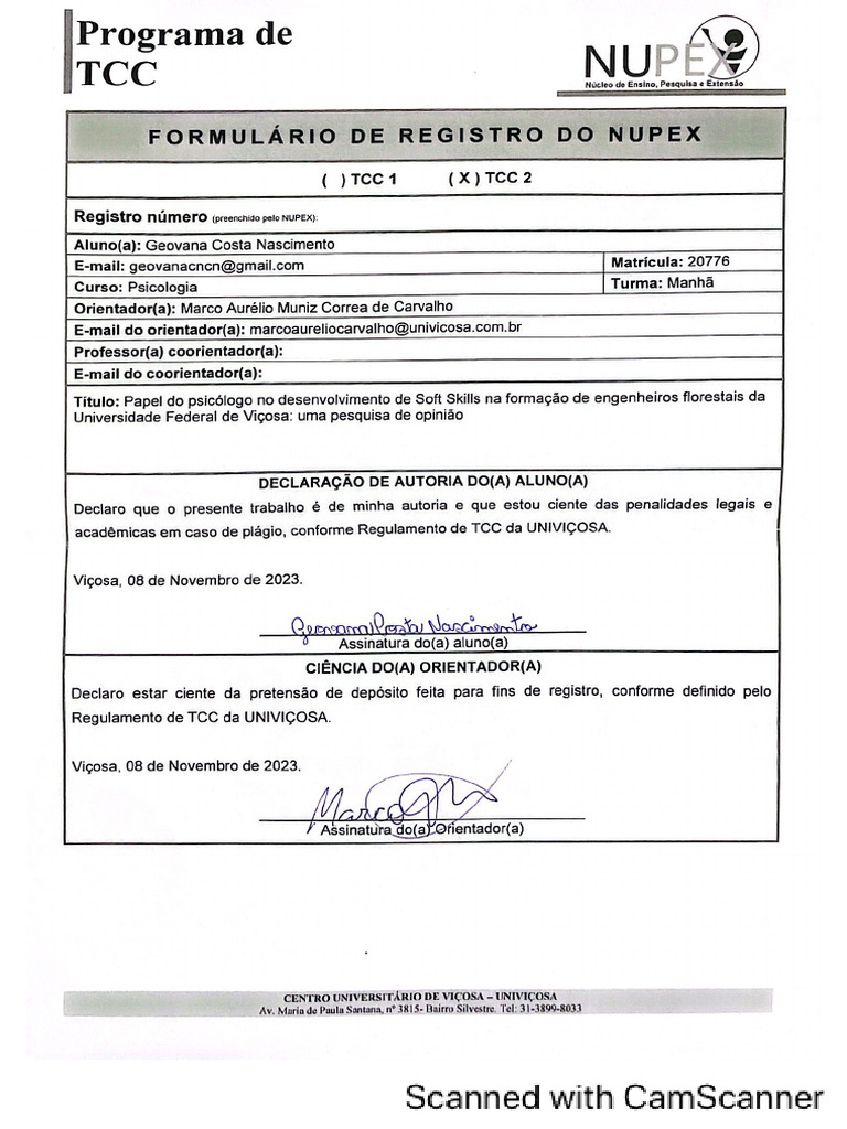 Formulário de TCC2 PSI Geovana Costa Nascimento - 20776 | PDF