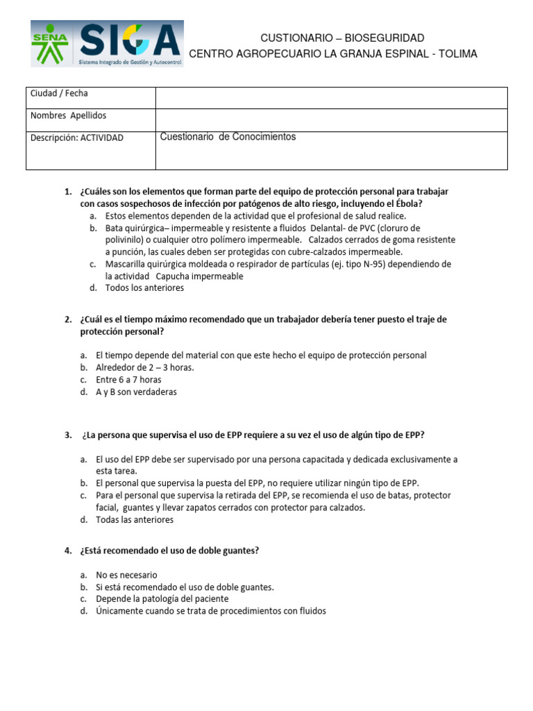 Cuestionario de Bioseguridad EPP | PDF | Cloruro de polivinilo | Biología