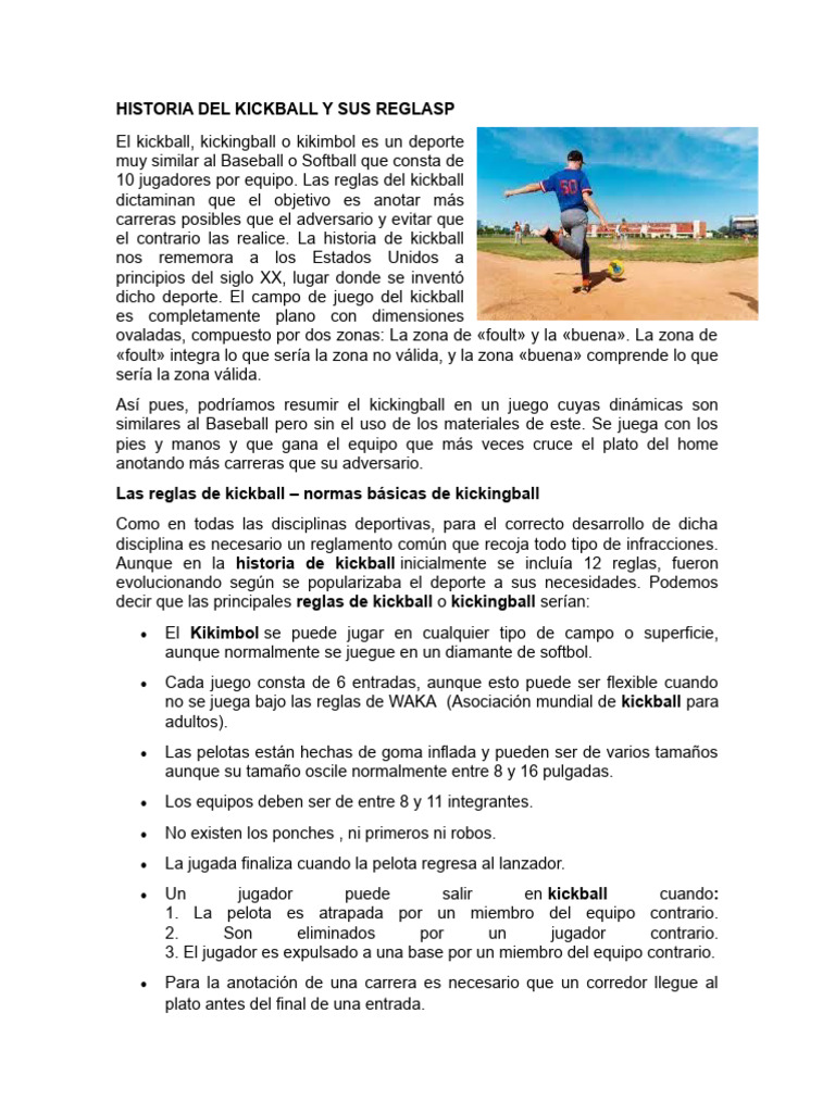 Historia Del Kickball y Sus Reglas | PDF | Asociación de Futbol | Nadando