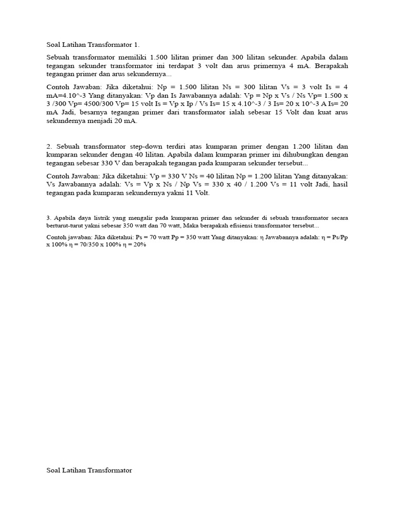Soal Latihan Transformator 1 | PDF