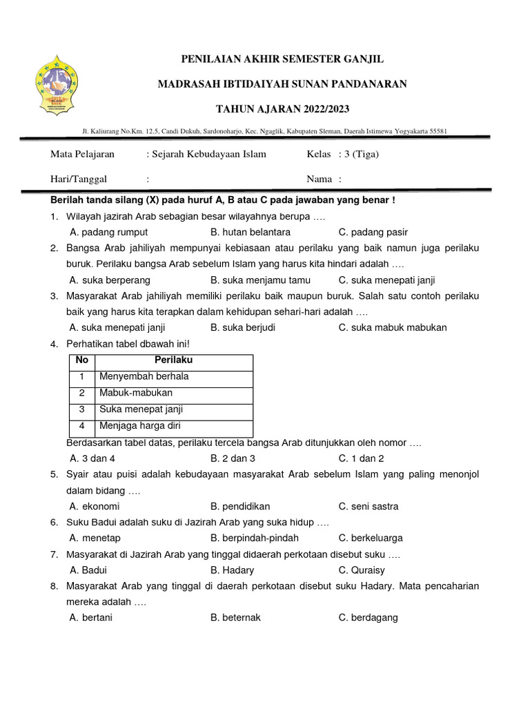 Soal Pas Ski Kls 3 Semester 1 2022 - 2023 | PDF