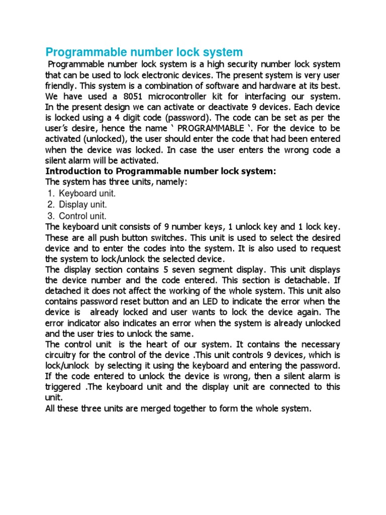 Programmable Number Lock System | PDF | Computer Keyboard | Electrical ...