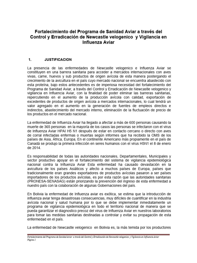 Proyecto Fortalecimiento Programa de Sanidad Aviar | PDF | Influenza aviar | Influenza