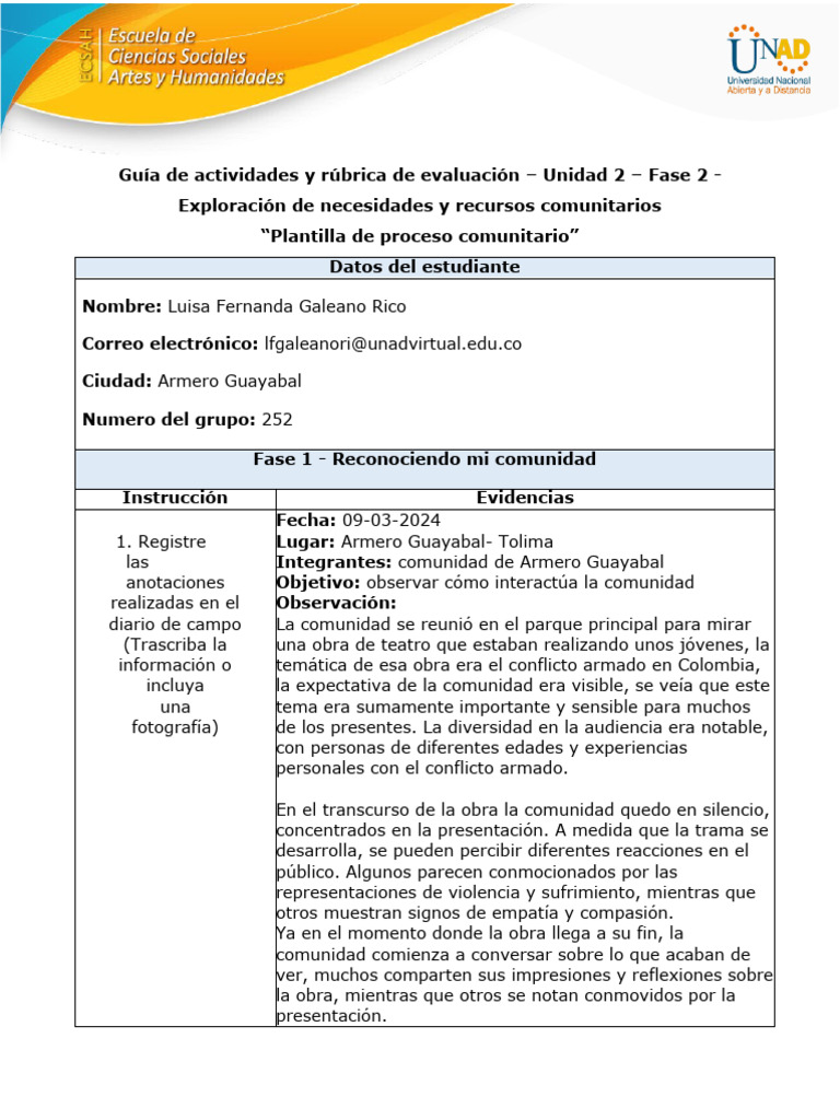 Anexo 1 - Plantilla Del Proceso Comunitario_Luisa Galeano | PDF