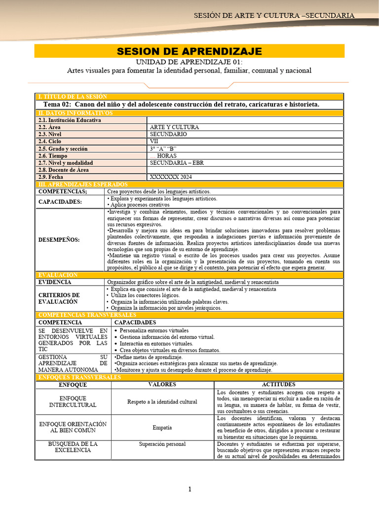 3°4º Sec. Sesion Actv 02. Arte y Cultura 2024 | PDF | Aprendizaje | Enseñando