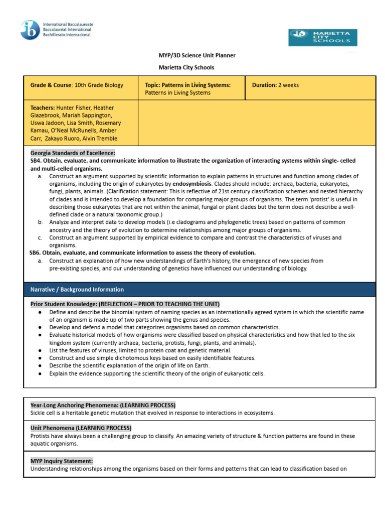 MCS MYP Unit 5 Planner - Classification of Living Things .Docx-2 | PDF ...