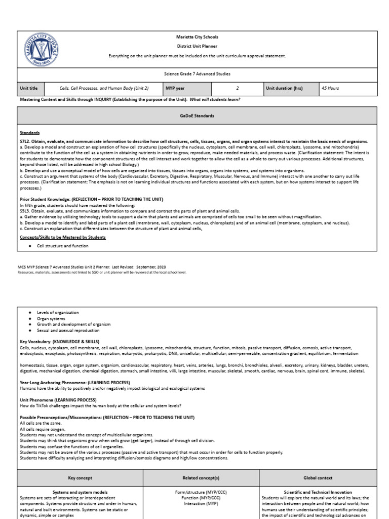 MCS MYP Science 7 Advanced Studies Unit 2 Planner | PDF | Cell (Biology ...