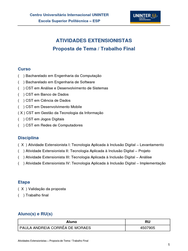 Atividades Extensionistas - Modelo de Proposta de Tema e Trabalho Final1 | PDF | Metodologia ...