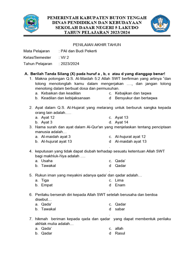 Soal Pai Kelas 6 2024 | PDF