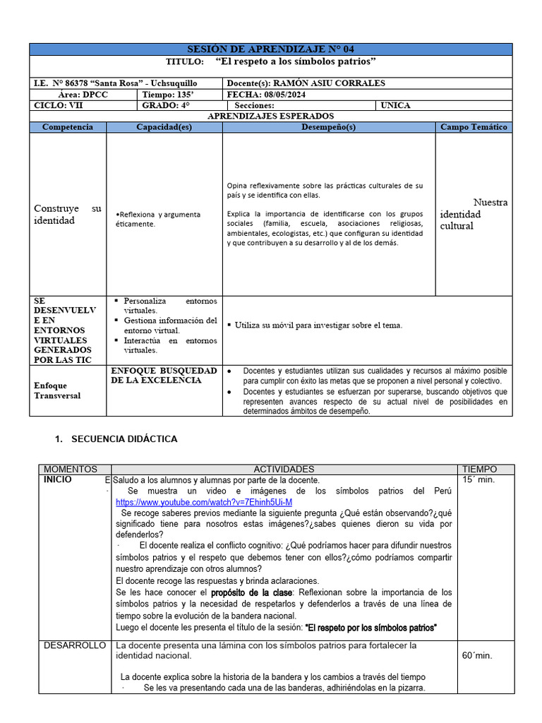 Sesion #04 Respetamos Nuestros Simbolos Patrios 4° DPCC | PDF | Bandera