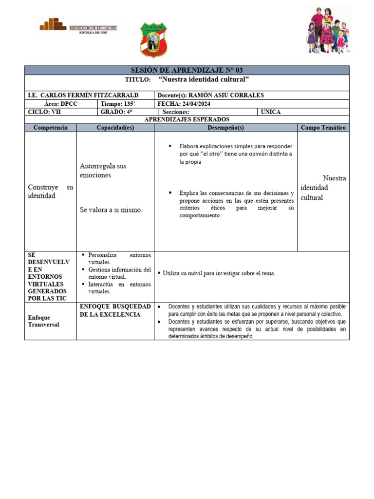Sesión de Aprendizaje #3 DPCC Nuestra Identidad Cultural | PDF | Aprendizaje | Perú