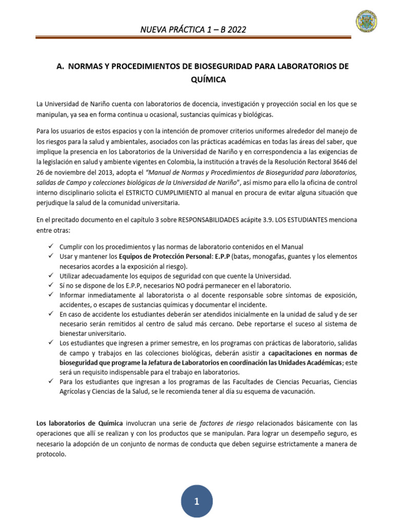 A. Normas Y Procedimientos de Bioseguridad para Laboratorios de Química | PDF | Laboratorios ...