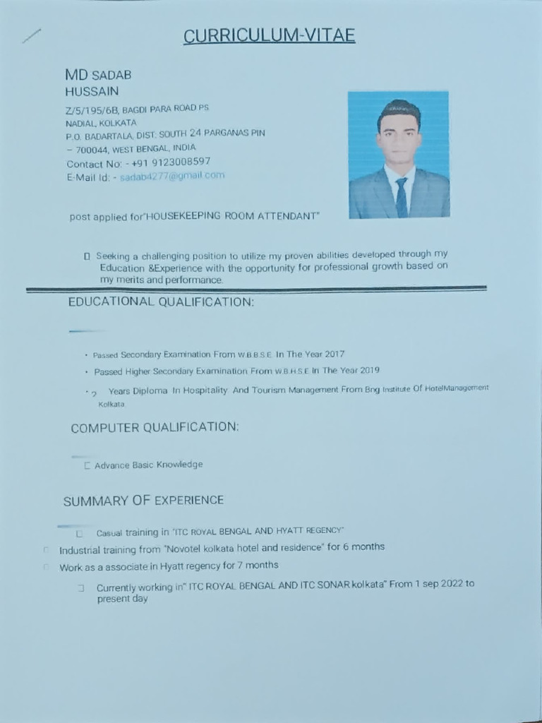 Md Sadab Hussain's Hospitality CV | PDF