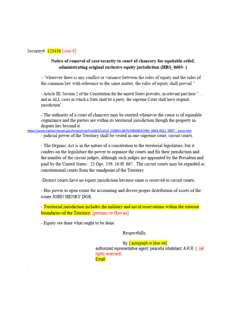 Template, Notice of Removal of Case To Court of Chancery | PDF