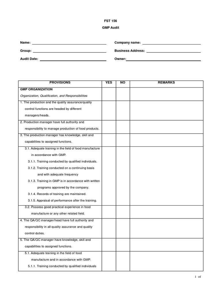 GMP-Audit-Form | PDF | Drinking Water | Hygiene