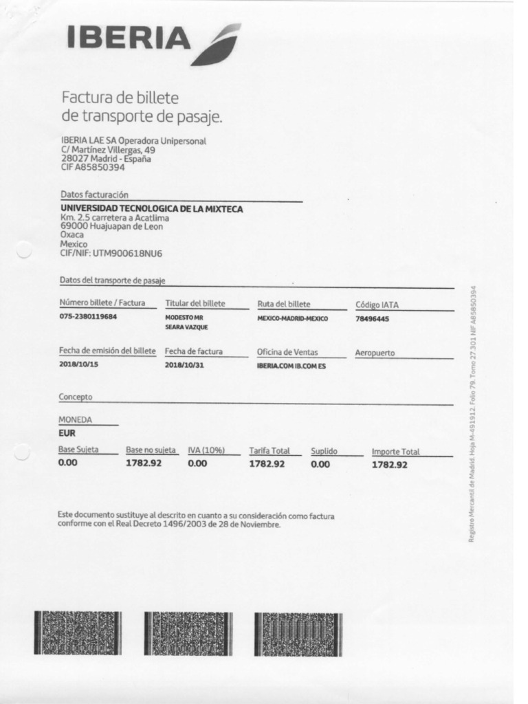 Factura de Billete Electrónico Iberia | PDF