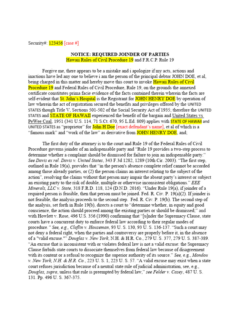 Required Joinder of Parties in Hawaii Case | PDF | Federal Rules Of ...