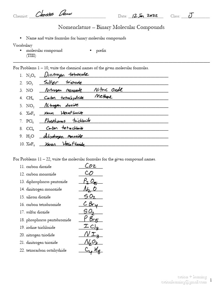 Binary Molecular Compound Naming Worksheet | PDF | Oxide | Nitrogen